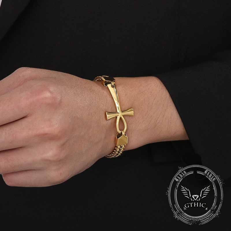 Double-Row Chain Ankh Cross Stainless Steel Bracelet – GTHIC