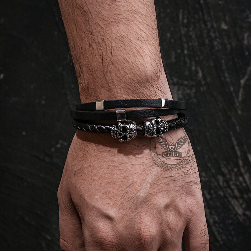 Gothic Double Skull Stainless Steel Leather Bracelet – GTHIC