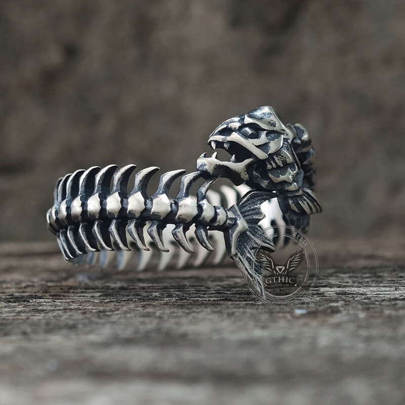 Gothic Skull Fishbone Spine Sterling Silver Open Ring – GTHIC