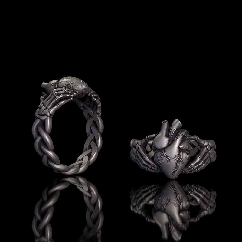 Gothic Skull Hands Holding Heart Sterling Silver Ring – GTHIC