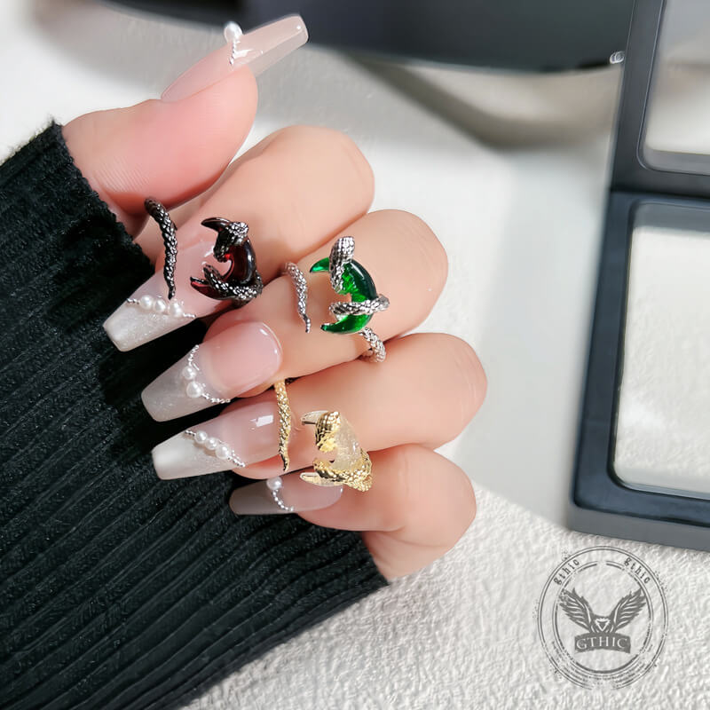 Gothic Snake-wrapped Gem Moon Copper Open Ring – GTHIC