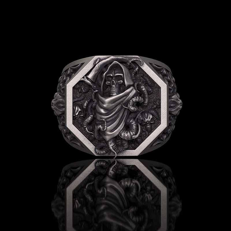 Grim Reaper Scythe Skull Tentacle Sterling Silver Ring – GTHIC