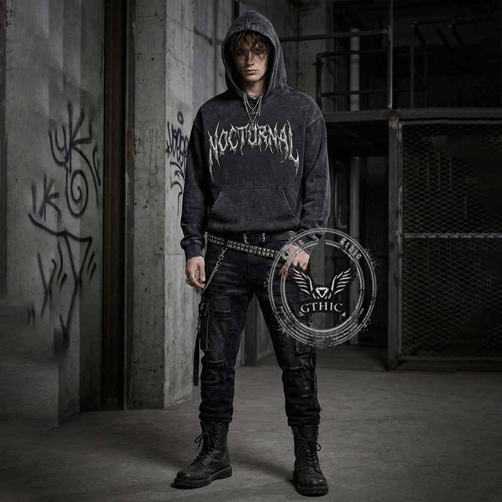 Nocturnal Metal Font Vintage Washed Hoodie – GTHIC