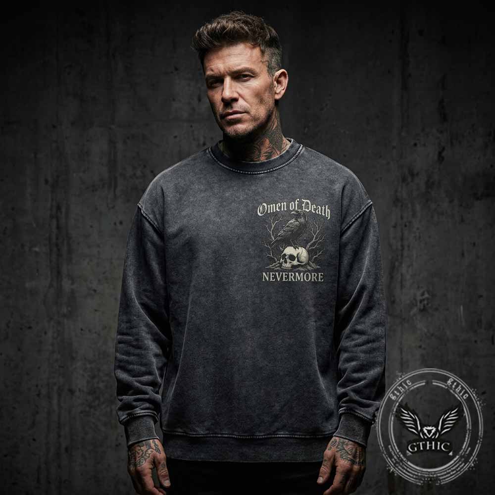 Omen of Death Raven Skull Nevermore Vintage Washed Sweatshirt – GTHIC