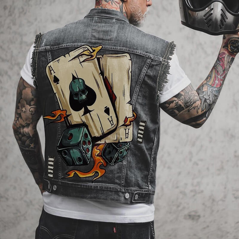 Punk Dice Playing Cards Print Lapel Denim Vest – GTHIC