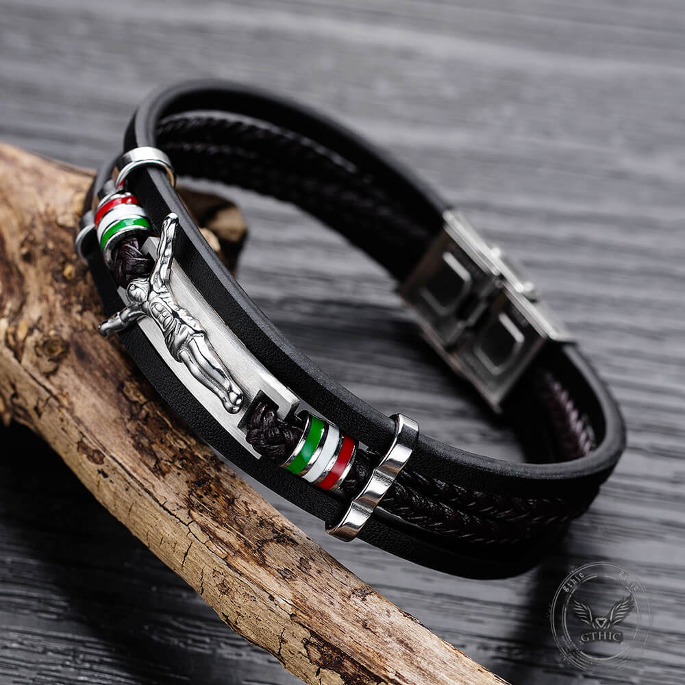 Punk Jesus Suffering Leather Woven Stainless Steel Bracelet – GTHIC