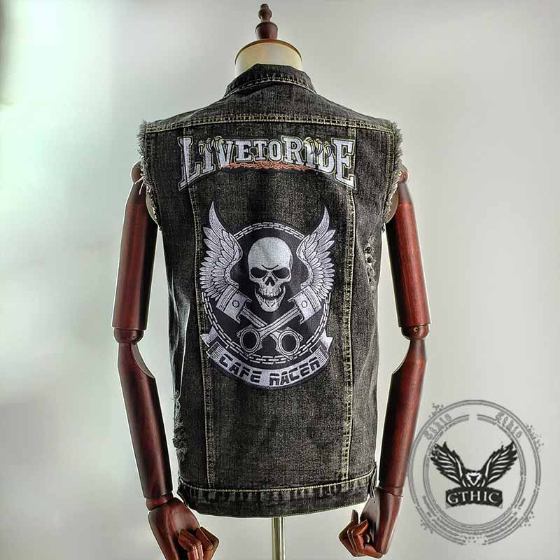 Punk Live To Ride Wings Skull Print Denim Vest – GTHIC