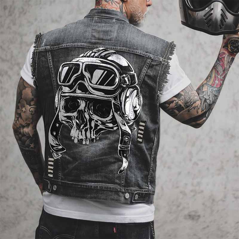 Punk Motorcycle Helmet Skull Head Print Denim Vest – GTHIC