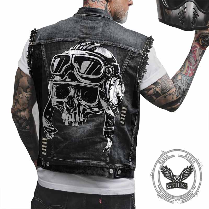 Punk Motorcycle Helmet Skull Head Print Denim Vest – GTHIC