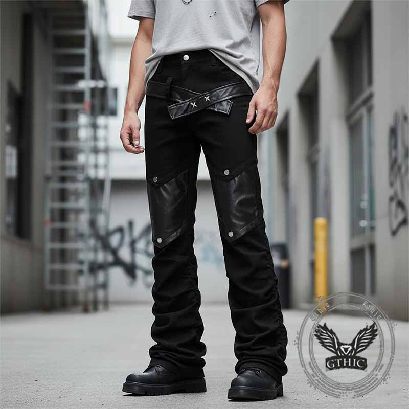 Punk Pleated PU Leather Patchwork Flared Pants – GTHIC