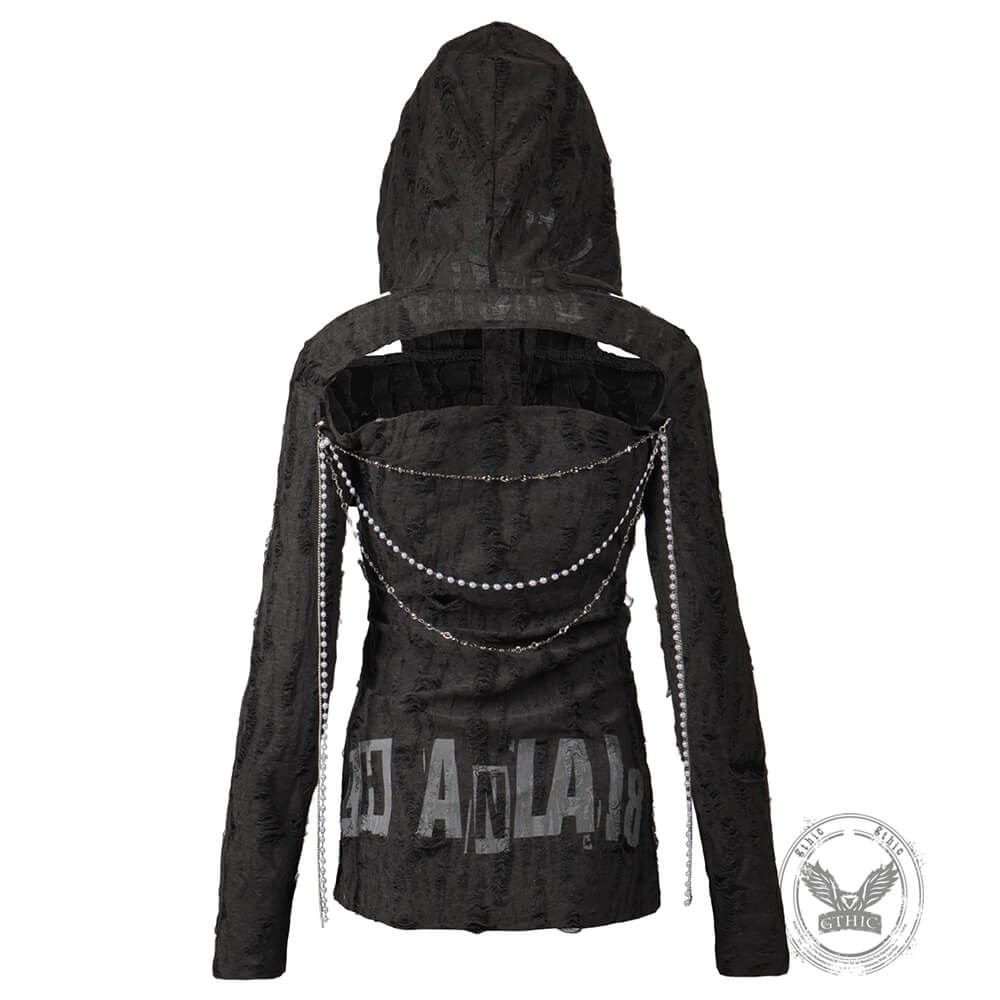 Retro Wasteland Punk Print Chain Backless Hooded Top – GTHIC