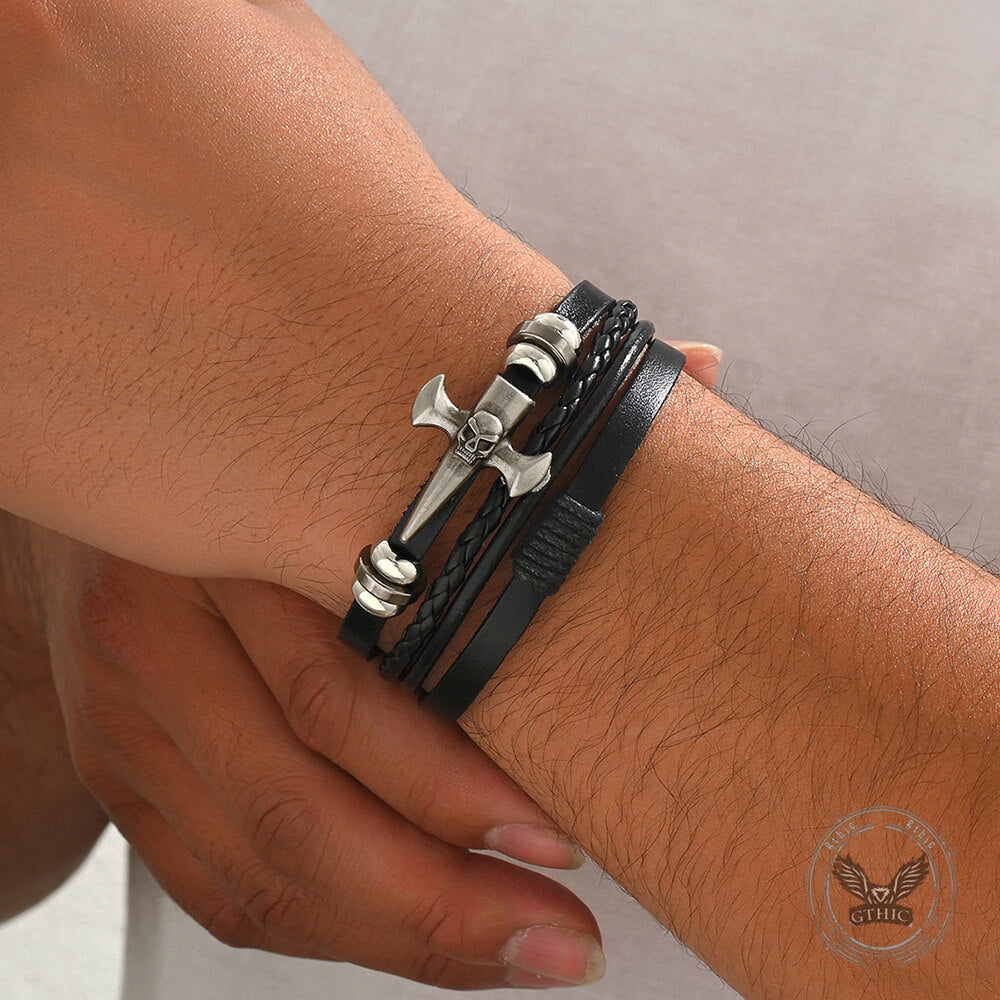 Skull Cross PU Leather Braided Biker Alloy Bracelet – GTHIC