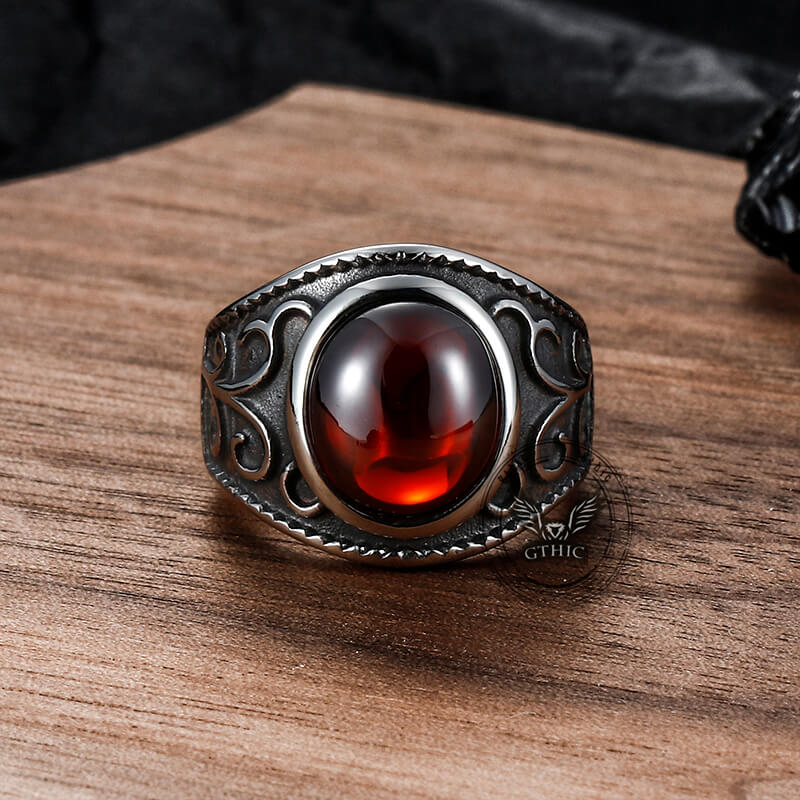 Vintage Engraved Flowers Ruby Stainless Steel Ring – GTHIC