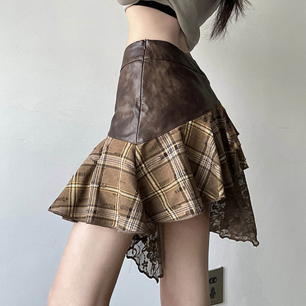 Wasteland Style Irregular Lace Patchwork Plaid Skirt – GTHIC